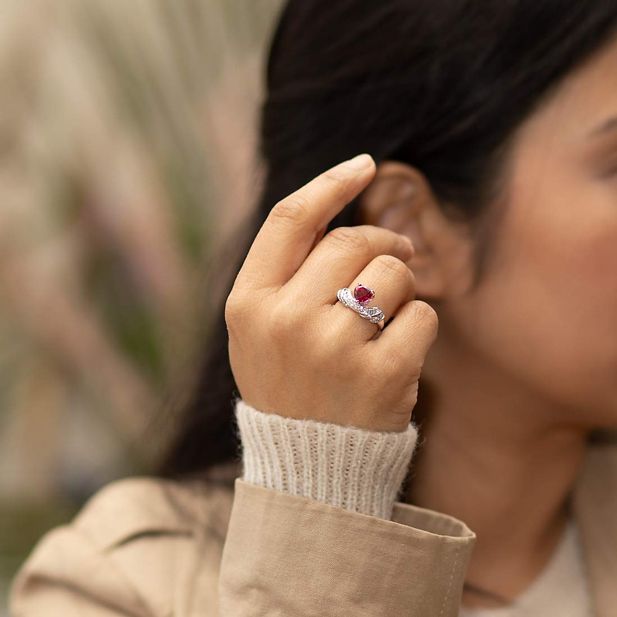 PEORA Created Ruby Heart Ring for Women in Sterling Silver, Statement Solitaire Design, 1.75 Carats total, Comfort Fit, Size 8