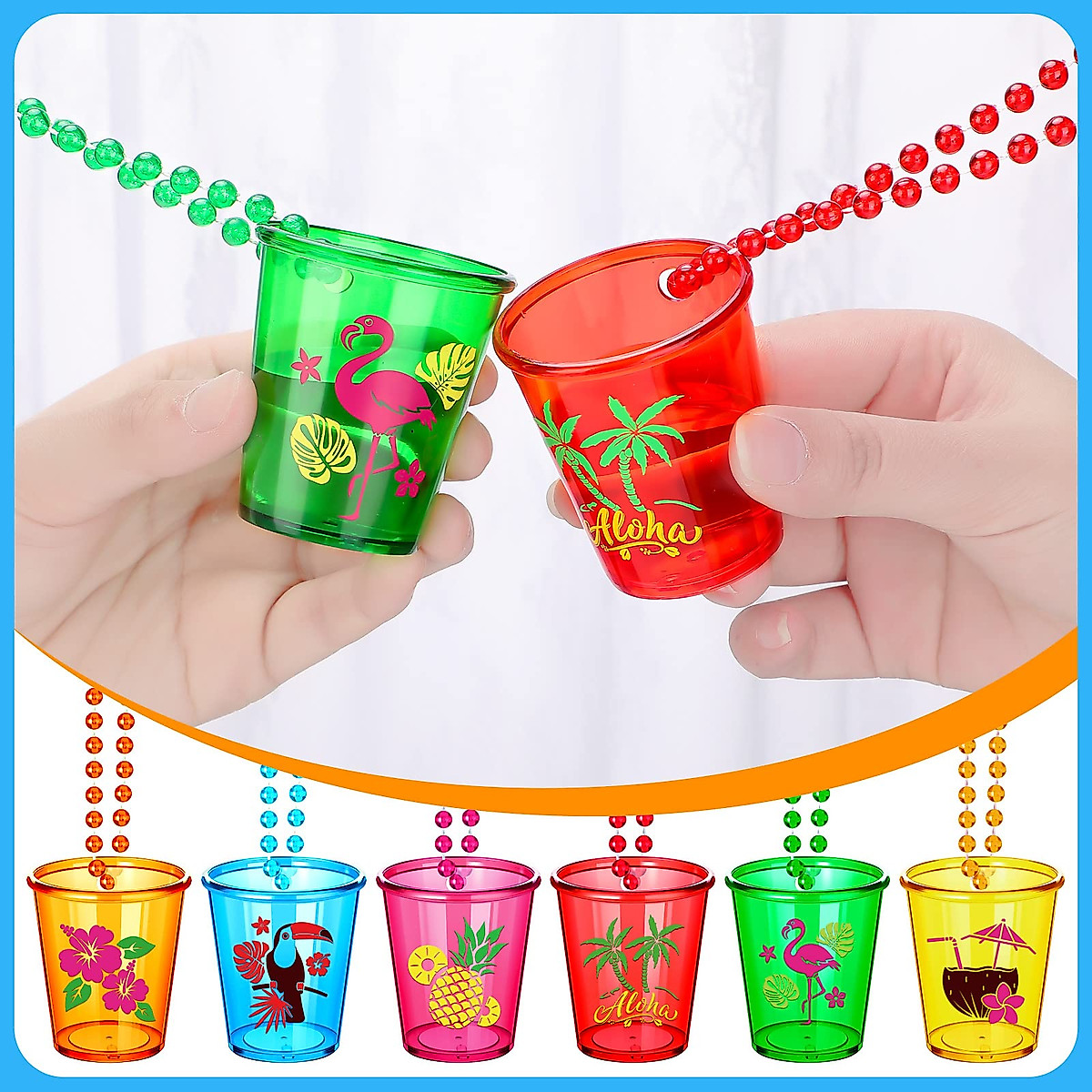 12 Pcs Hawaiian Luau Shot Glasses Bead Necklace Hawaiian Aloha Party Necklace Cups Flamingo Hibiscus Shot Glass Beaded Necklace Plastic Shot Glasses Necklace for Hawaiian, Summer Tiki Party Supplies