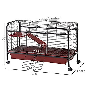 PawHut 41" L Small Animal Cage Rabbit Hutch Ferret Pet Play House with Feeder, Rolling Wheels, Platform, Ramp
