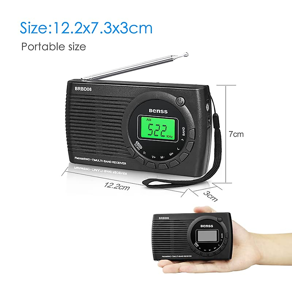 Benss Small Radio Battery Operated FM/AM/SW, Portable Radios with Screen Display/Headphone Jack/Alarm Clock, Mini Transistor Radio with AA Battery Operated for Hiking and Camping