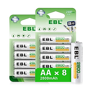 EBL Rechargeable AA Batteries 1.2V 2800mAh Precharged Ni-MH AA Battery New Retail Package, Pack of 8