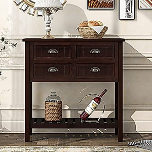 Merax Espresso Modern Wood Cabinet with 4 Drawers and Storage Shelf Buffet Coffee Bar Table for Living Dinning Room Kitchen, Type 10