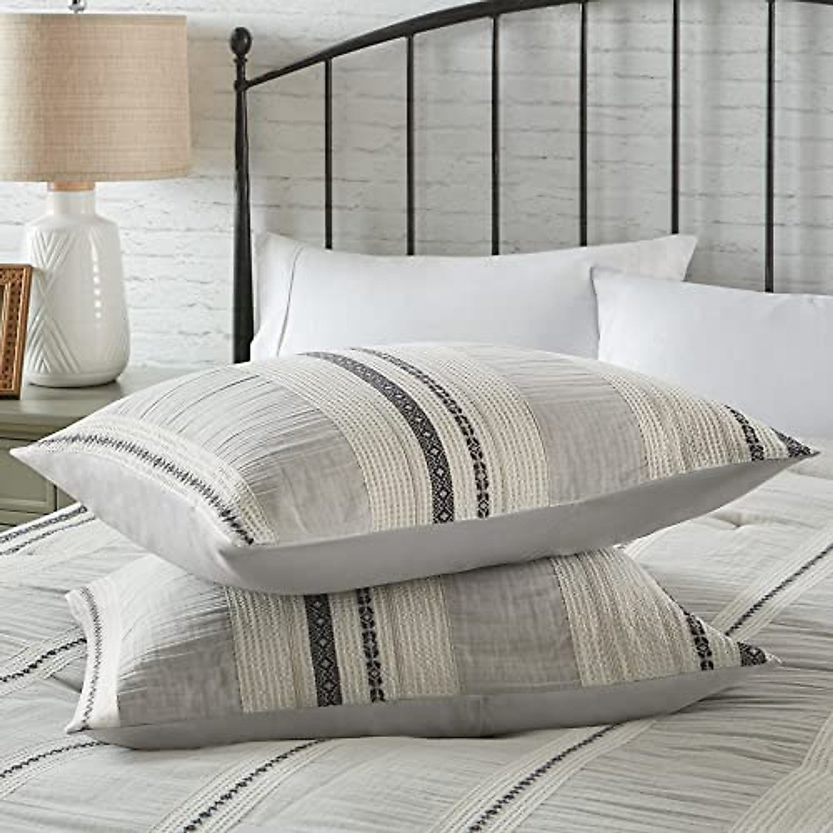 Hyde Lane Tahoe Farmhouse Bedding Set,Grey Modern King Size Comforter,Cotton Top with Neutral Rustic Style Stripes, Boho Bedroom Bed Sets,3-Pieces Including Matching Pillow Shams(104x90 Inches)