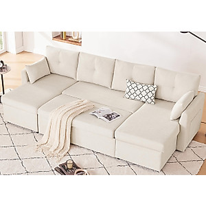 Huatean Home Sleeper Sofa Couch, 110 inch Oversize 2 in 1 Pullout Sofa Bed with Double Storage Chaise, Sectional Sleeper Sofa Bed with Side Pocket for Living Room, Beige