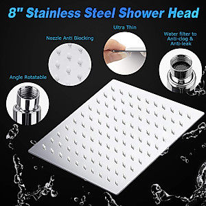Shower Head, High Pressure 8'' Rainfall Stainless Steel Shower Head/Handheld Combo with 60'' Hose Anti-leak Shower Head with Holder, Flow Regulator, Chrome, 4 Shower Hooks (8'' Showerhead Set, Sliver)