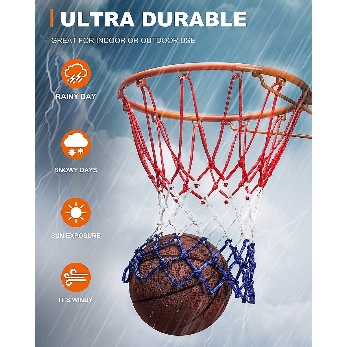 XXXYYY Basketball Net Replacement Heavy Duty, 2023 Professional On-Court Quality [6.88Ounce], Fits Outdoor Indoor Standard Rim, All Weather Anti Whip -12 Loops (Red White Blue)