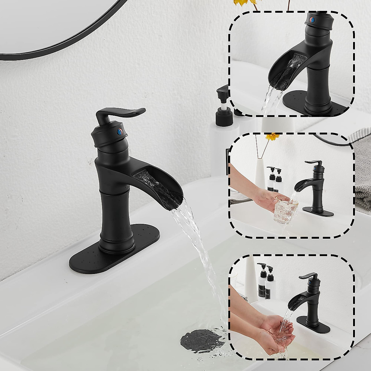 Waterfall Bathroom Faucet GGStudy Black Single Handle One Hole Farmhouse Matte Black Bathroom Vanity Faucet Basin Mixter Tap Deck Mount with Drain Assembly