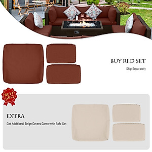 BULEXYARD High Back Brown PE Rattan Outdoor Patio Furniture Set with Propane Fire Pit Table, Large Wicker Outside Sectional Furniture Sofa Conversation Sets for Backyard(Dark Red, 9Pcs-B)