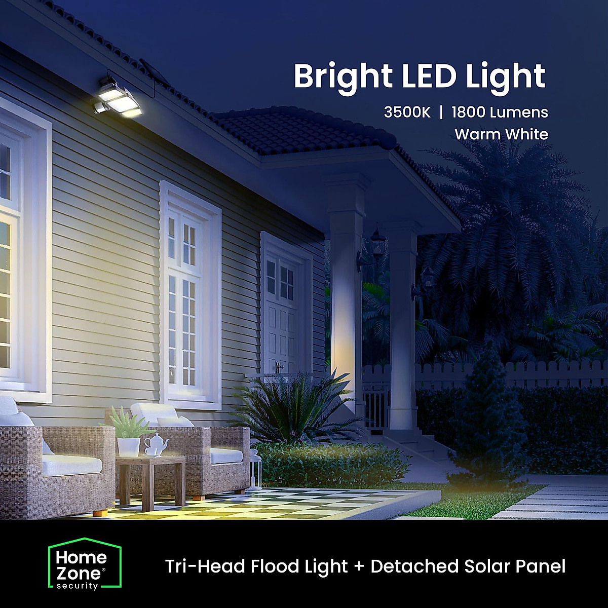 Home Zone Security Solar Flood Lights - Outdoor Motion Sensor LED Flood Light 3500K Warm Color Temperature with No Wiring Required, Black