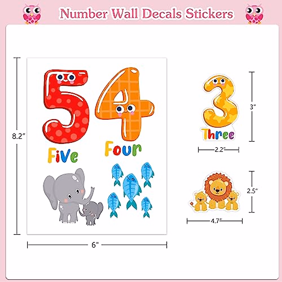 FLYAB Numbers Wall Stickers 5 Sheets Learning Educational Number Wall Decals Peel and Stick Animal Wall Decals Stickers for Kids Toddlers Classroom Playroom Daycare Nursery Bedroom Decorations