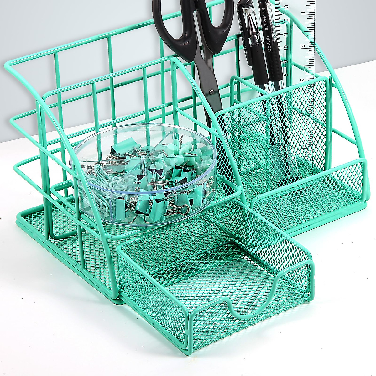 Desk Organizers and Accessories Office Supplies Organizer with Pen Holder, 72 Clips Set and Phone Stand, Metal Mesh Desktop Organizers with Drawer for Home, Office, School Ect (Rose Gold)