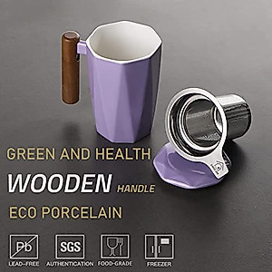 SWEEJAR Porcelain Tea Mug with Infuser and Lid, Wooden Handle, 17 Ounce, Geometric Shape Tea Cup for Steeping, Tea Lover, Gift, Home, Office (Purple)