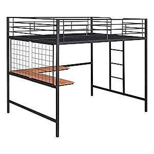 TMEOSK Full Size Metal Loft Bed Frame with L-Shape Desk and Decoration Metal Grid, Space Saving Loft Bed with Ladder and Safety Guardrail for Boys Girls Teens Adults, No Box Spring Needed (Black)