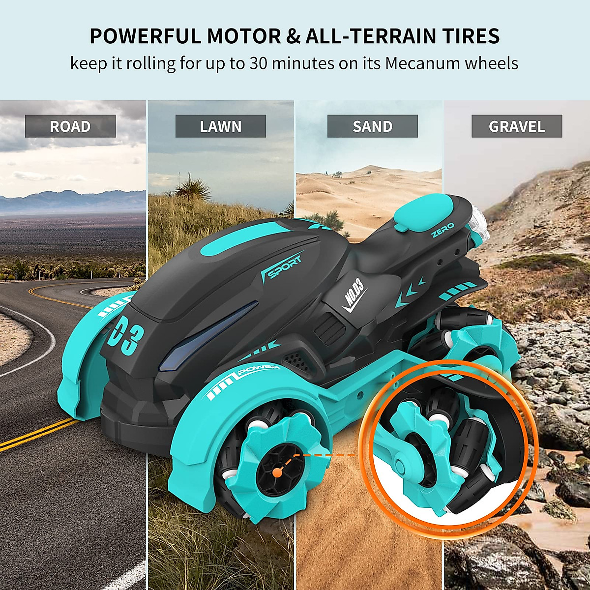 AONGAN Remote Control Car - 2.4 GHz RC Stunt Car 4WD w/Mecanum Wheels, All-Terrain Tires & All Directions, Lights Music & Spray Function Gifts Toys for Boys Girls 5 6 7 8 9 Years Old (Blue)