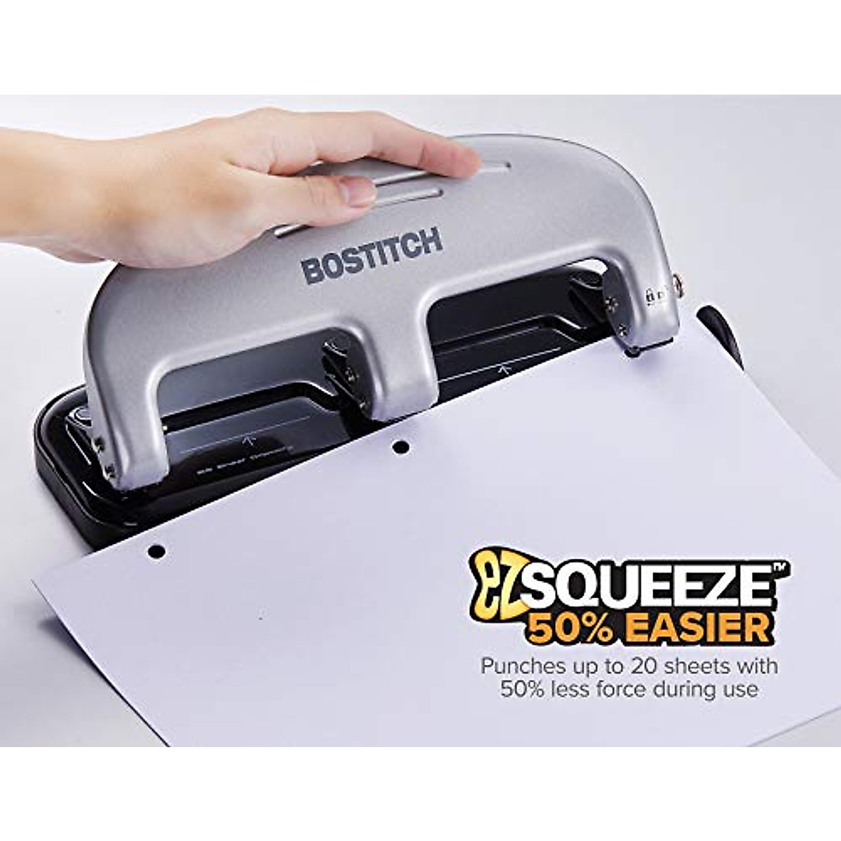 Bostitch Office EZ Squeeze 3-Hole Punch, 20 Sheet Capacity, Reduced Effort, No Jam Technology , Silver
