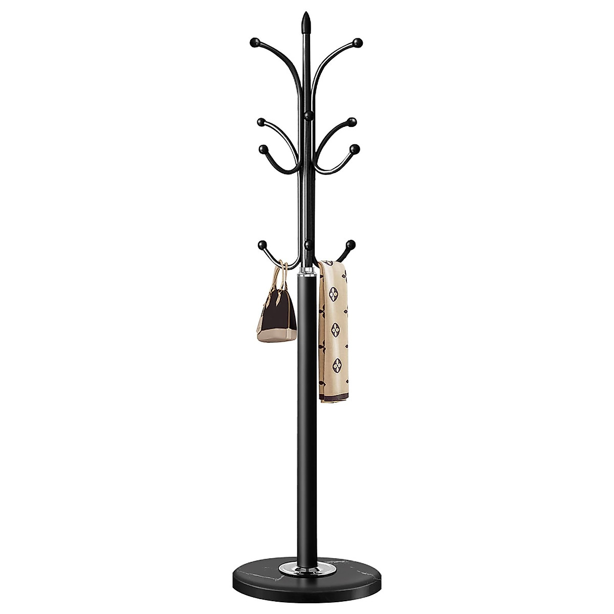 Tenkovic Metal Coat Rack Stand with Natural Marble Base, Coat Rack Freestanding, Sturdy Hall Tree with 12 Hooks for Hanging Clothes, Bags, Scarfs, Coat Hanger for Entryway, Hallway (Black)