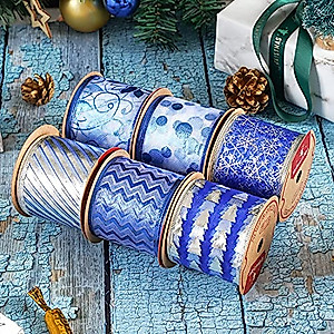 MEEDEE Christmas Ribbon 2.5 Inch 6 Rolls 36 Yards Royal Blue Wired Ribbon Bulk Silver Blue Christmas Tree Decoration Ribbon Perfect for Gift Wrapping Tree Garland Topper Swag Wreath Bow Lantern Decor