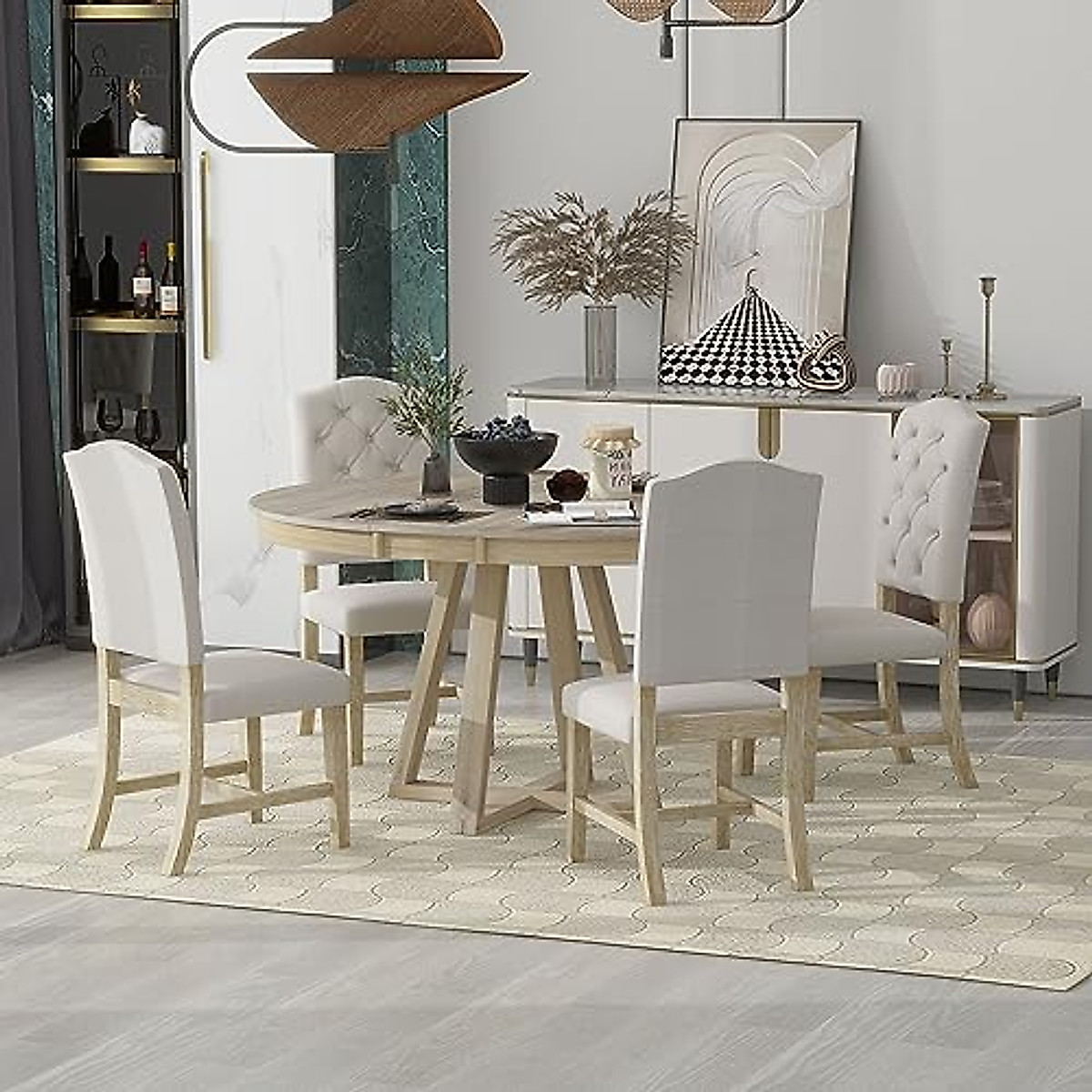 5 PCS Extendable Upholstered Dining Sets Include Round Table and 4 Chairs for Dining Room and Living Room ,More Functional Design with 16"W Butterfly Leaf Convertible to Oval Tabletop, Natural+Grey