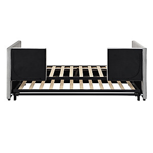 CITYLIGHT Velvet Extendable Daybed Frame Twin to King Design, Twin Daybed with Pop up Trundle, Upholstered Sofa Bed Daybed with Wood Slat Support for Bedroom, Living Room, Gray