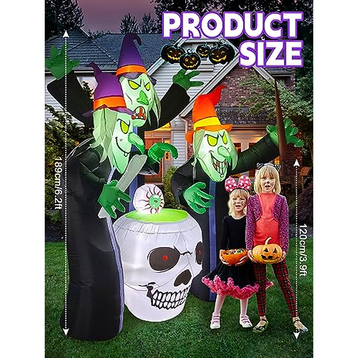 Lanstics Halloween Inflatable Outdoor, 6.2FT Witch Inflatable Yard Decoration 3 Witch Around Cauldron with LED Light Green Eye Skull Halloween Blow Up Decoration for Lawn Party Home Decor…
