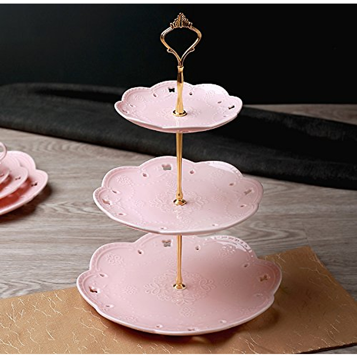 Jusalpha 3-Tier Pink Porcelain Cake Stand/Cupcake Stand/Dessert Stand/Tea Party Pastry Serving Platter/Food Display, Stand, Comes in a Gift Box- Free Sugar Tong, Pink