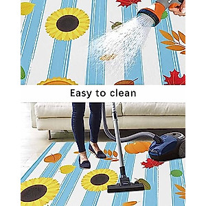 Outdoor Rug 5' x 8', Fall Pumpkin Sunflowers Large Area Rugs for Patio/RV/Deck/Porch/Indoors, Thanksgiving Harvest Blue Stripes Water Absorption Camping Rug Carpet, Lightweight Washable Rug Runners