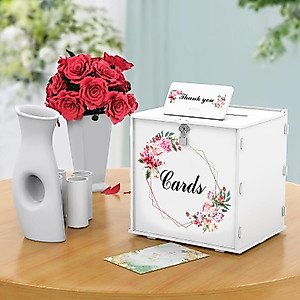 FCDECOR White Wedding Card Box with Lock, Gift Wedding Card Boxes for Reception, Greenery Rose DIY Wedding Envelope Money Card Box for Party Graduation Birthday Baby Shower Decorations