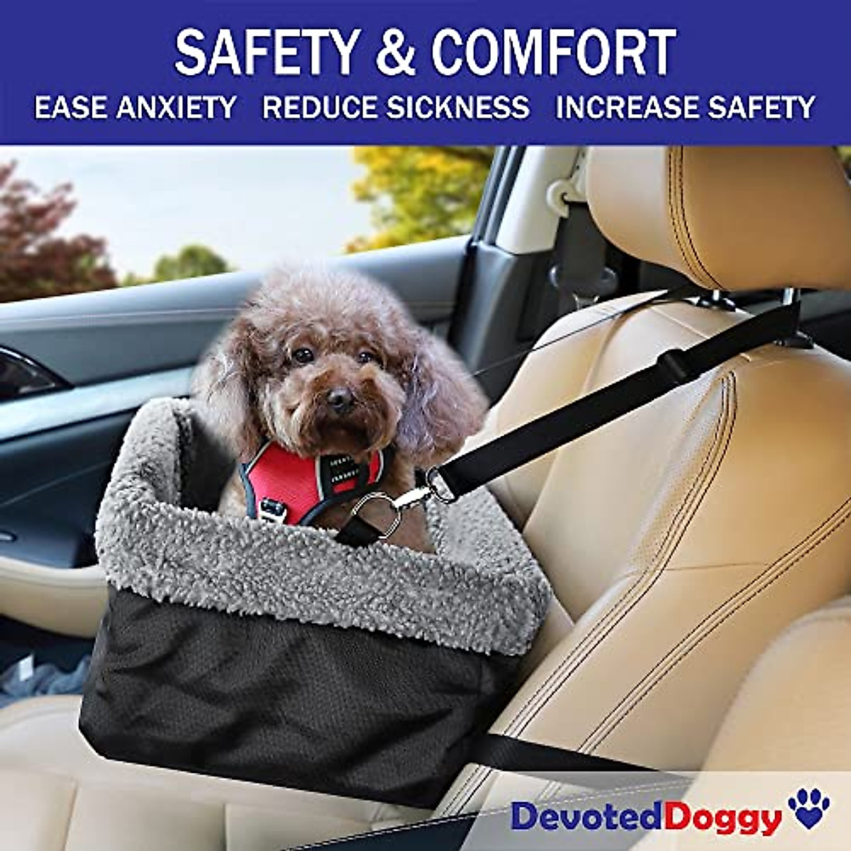Devoted Doggy Deluxe Dog Car Seat Fits Pets up to 20lbs, Dog Booster Seat, Padded Cushioning, Adjustable Straps, Metal Frame Encasing, Installs in Seconds, Collapsible Canvas and Easy to Clean