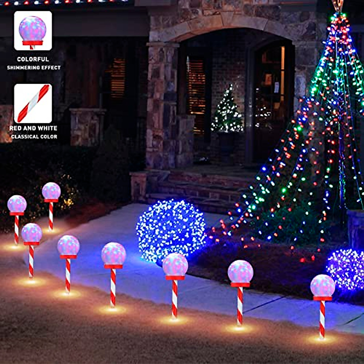 EAMBRITE 4PK RGB Ball Candy Cane Pathway Markers Light with Rotating Projector Waterproof Outdoor Stake Lights Decorative for Pond Garden Patio Landscape