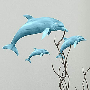 Amaonm Removable 3 Pcs Jumping Blue Dolphin Wall Decals DIY Wall Stickers 3D Nursery Art Decor Peel Stick Decoration Decal for Girls Bedroom Kids Bathroom Living Room Window Door Sticker Murals