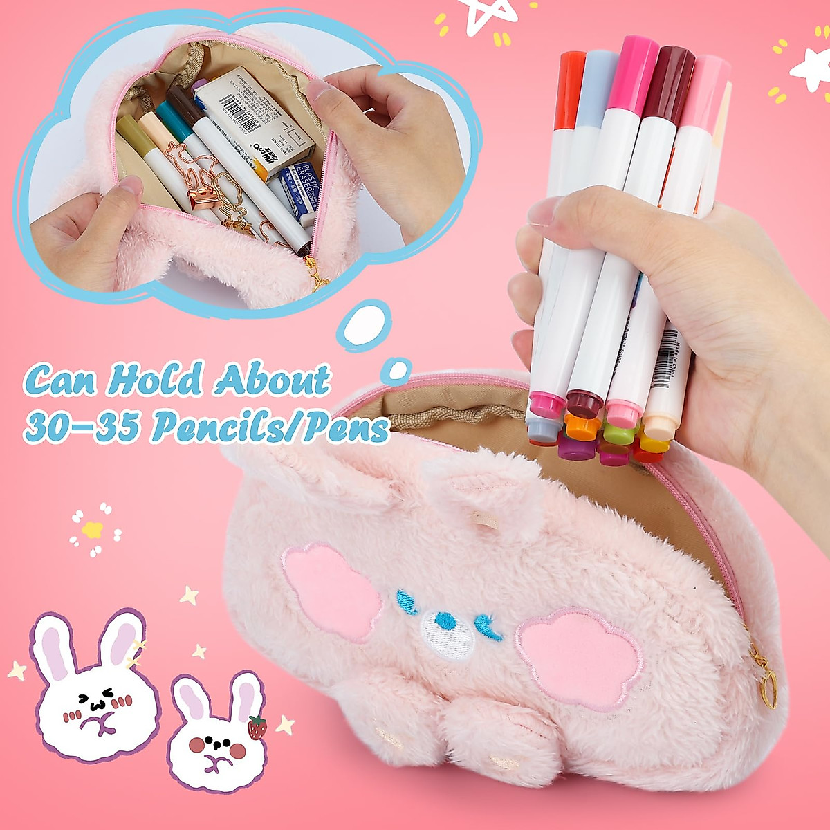Toplive Cute Pink Pencil Case, Plush Pencil Pouch Fuzzy Pen Case, Cartoon Makeup Bag Kawaii Stationery Cosmetic Organizer Bag for Teens Girls Women, Pink Rabbit