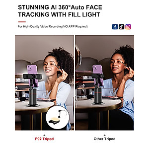 KOSCHEAL Auto Face Tracking Tripod, 360° Rotation with Stand,No App,Body Phone Tracking Tripod with Two Selfie Light,Gesture Control Smart Shooting Camera Mount for Live Vlog Streaming Video Tiktok