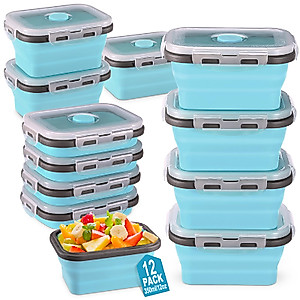 Mifoci 12 Pcs 12 oz Silicone Collapsible Food Storage Containers Bulk Rectangle Collapsible Meal Prep Container Collapsible Bowl with Clear Lids Vent, Freezer, Microwave Dishwasher Safe (Gray Blue)