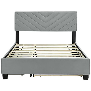 Linique Queen Size Upholstered Platform Bed with Headboard, Trundle and 2 Storage Drawers, Wooden Bed Frame, Grey