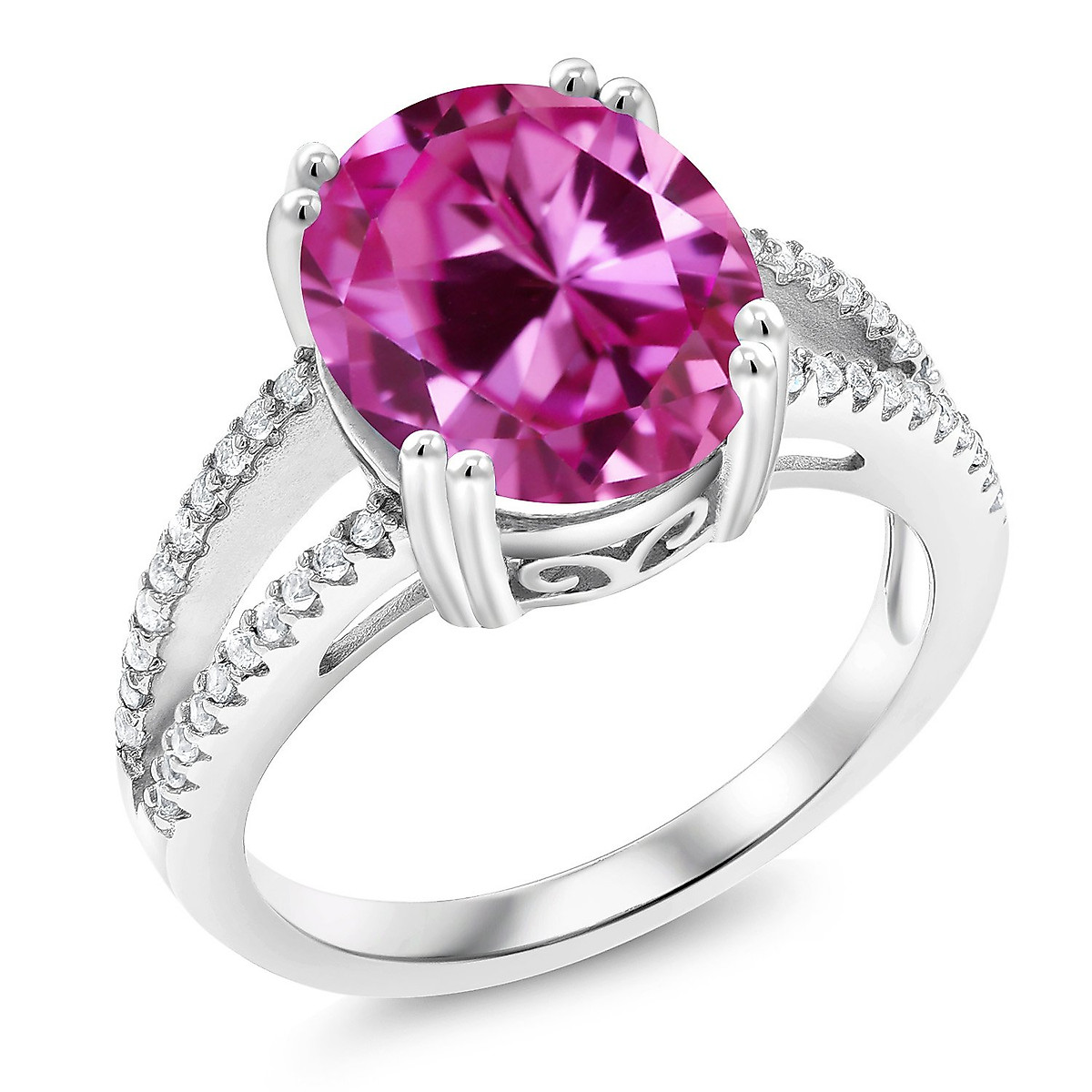 Gem Stone King 925 Sterling Silver Pink Created Sapphire Ring For Women (6.48 Cttw, Oval 12X10MM, Gemstone September Birthstone, Available In Size 5, 6, 7, 8, 9)