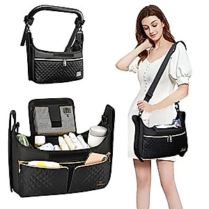 YaKuss Universal Stroller Organizer Bag with Cup Holder Shoulder Diaper Handbag Baby Accessories Three Way to Carrier Fits Britax, Uppababy, Baby Jogger, BOB and Donna Stroller,1.0 Black