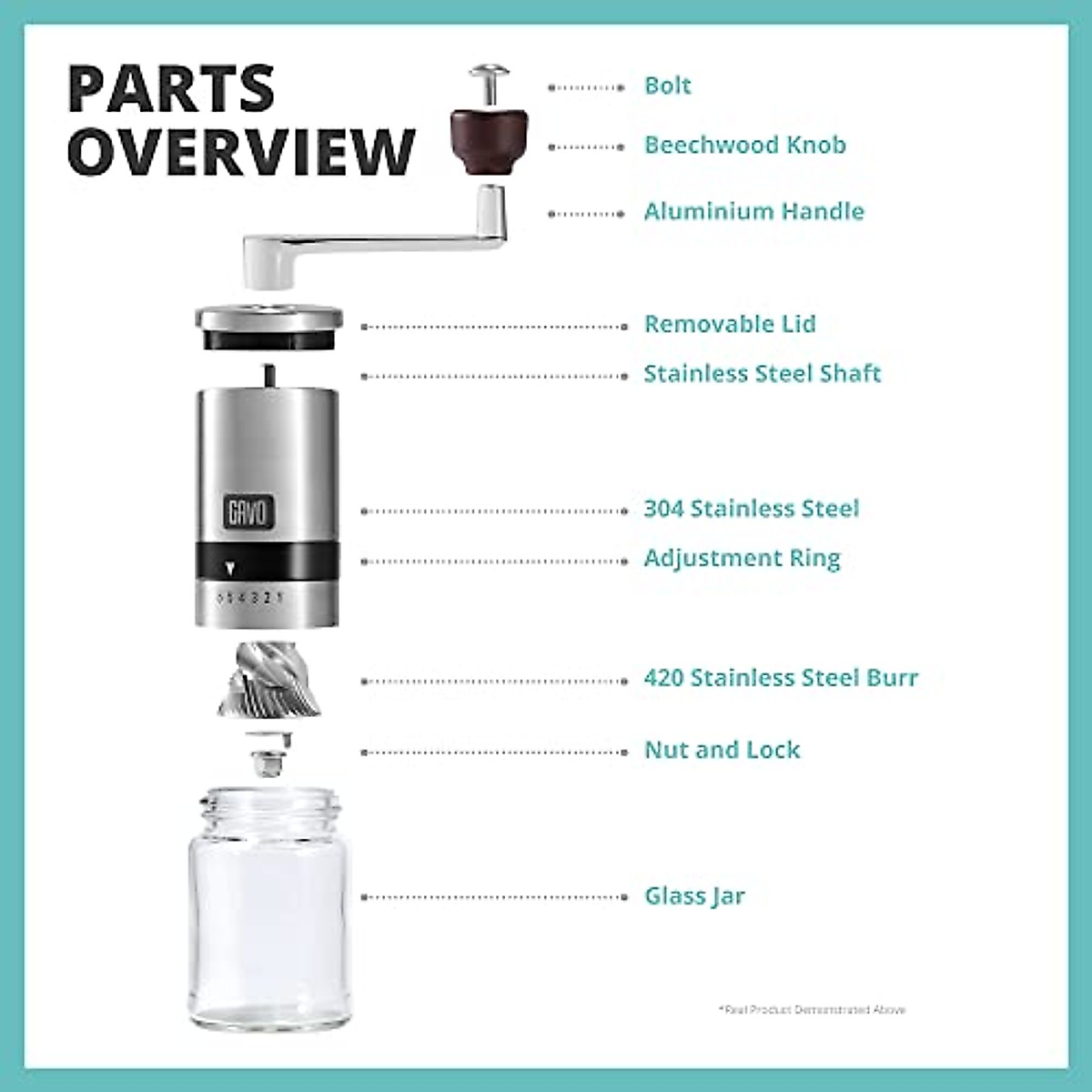 GAVO Manual Coffee Grinder with Stainless Steel Burr - Coffee Grinder Manual with Adjustable Settings for Aeropress, Drip Coffee, Espresso, French Press, Turkish Coffee & More!