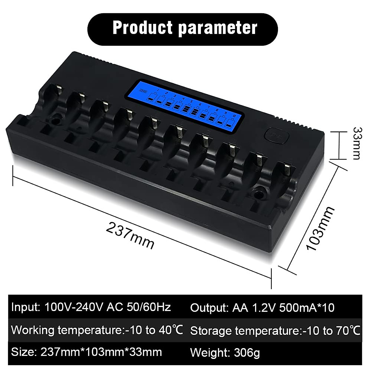 CITYORK 10 Pack 1.2V Ni-MH AA 3000mAh Rechargeable Batteries with 10 Bay AA Fast Charger with Battery Case Organizer