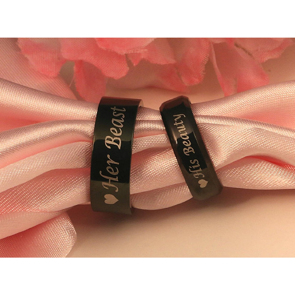 His Beauty Love Heart Women's Black Stainless Steel Engagement Wedding Bands Promise Ring Anniversary (Her Size 5)