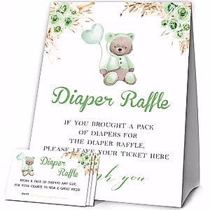 JCVUK Baby Shower Games, 1 Diaper Raffle Standing Sign with 50 Diaper Raffle Tickets,Green Bear Theme Babyshower Party Decorations and Supplies For Boys or Girls(LBLK-B03)