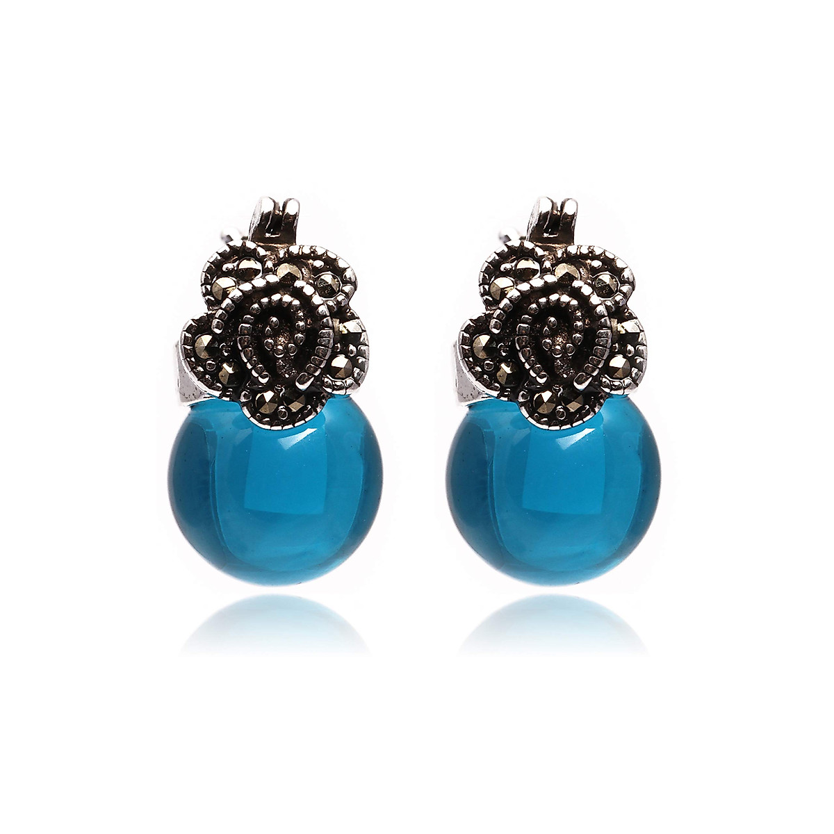 GEM-Inside 12mm Blue Crystal Earrings Round Ball Gemstone Beads Cute Tibetan Silver Marcasite Leverback Jewelry Accessory for Woman