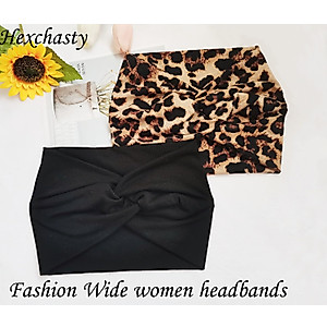 Hexchasty 2Pcs Turban Headbands for Women Fashion Boho Stretchy Thick Cute Extra Wide Headbands large Fabric Knotted Cloth Twisted Head Wraps for Womens Girls Black and leopard