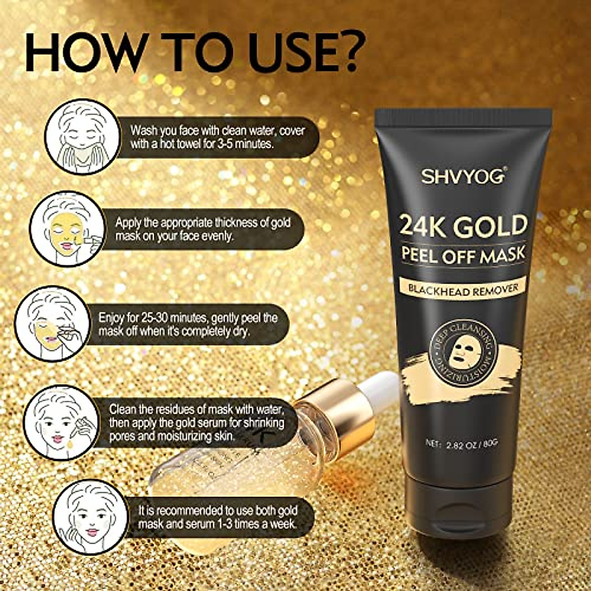Blackhead Remover Mask, 3-in-1 Peel off Face Mask with 24K Gold Serum & Silicon Brush,24K Gold Facial Mask For Deep Cleansing Blackhead, Whitehead, Pores, Acne, Oil, Peel Mask Black Mask(80g+20ml)