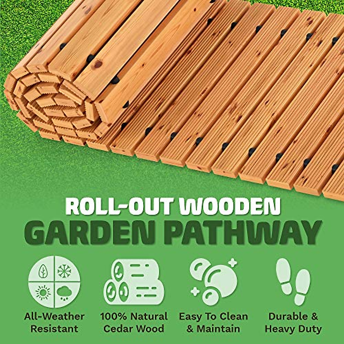 Zyppio Roll-Out Garden Pathway, 8’ Long, Straight, Weather-Resistant Walkway for Outdoor Patios, Gardens, Beach Boardwalks, and Wedding Party Events, Natural Cedar Hardwood