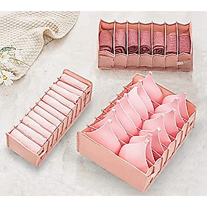 ZYDZ Closet Organizers and Storage, 3 Set Clothing Underwear Bra Sock Lingerie Chest Ties Small Parts Collapsible Organizer Drawer Divider for Bedroom, Pink