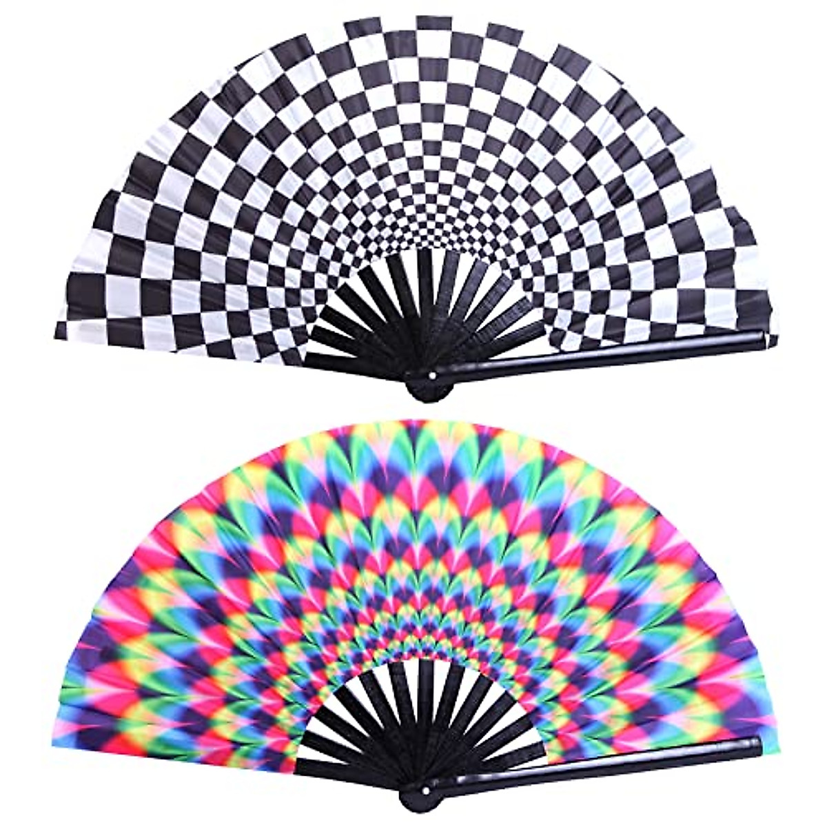 Gionforsy 2pcs Rave Hand Fan Bamboo Holding Hand Fan Large Folding Fan with Bright Color Fabric Folding Fan for Festival (Style-1)