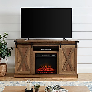 EDYO LIVING Farmhouse Electric Fireplace TV Stand for 60 Inch TV, Barn Door Entertainment Center with Fireplace and Open Storage Shelves for Living Room, Rustic Oak