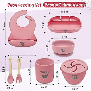 Dingas Direct - Happy Feet Feeding Set, 9 Piece Baby Feeding Supplies Set, Food Grade Silicone Baby Feeding Set, Baby Led Weaning Set and Baby Dishes, Quality Baby Suction Bowls and Plates. (Pink)