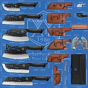 XYJ Authentic Since 1986,Vegetable Santoku Knives Set,Meat Butcher Knife With Holster,Roll Bag,Whetstone,Honing Steel,Kitchen Chef Knife,Camping Slice Knives,Full Tang,High Carbon Steel (Black)