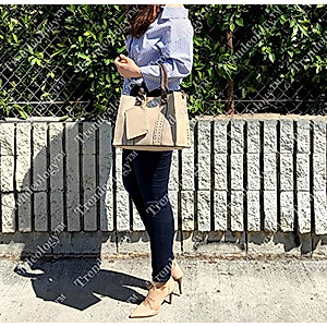 Twist Lock Studded 3 in 1 Soft Structure Plain & Ostrich Vegan Leather Tote Purse Handbag with Crossbody SET (Plain Vegan Leather - Black/Coffee)